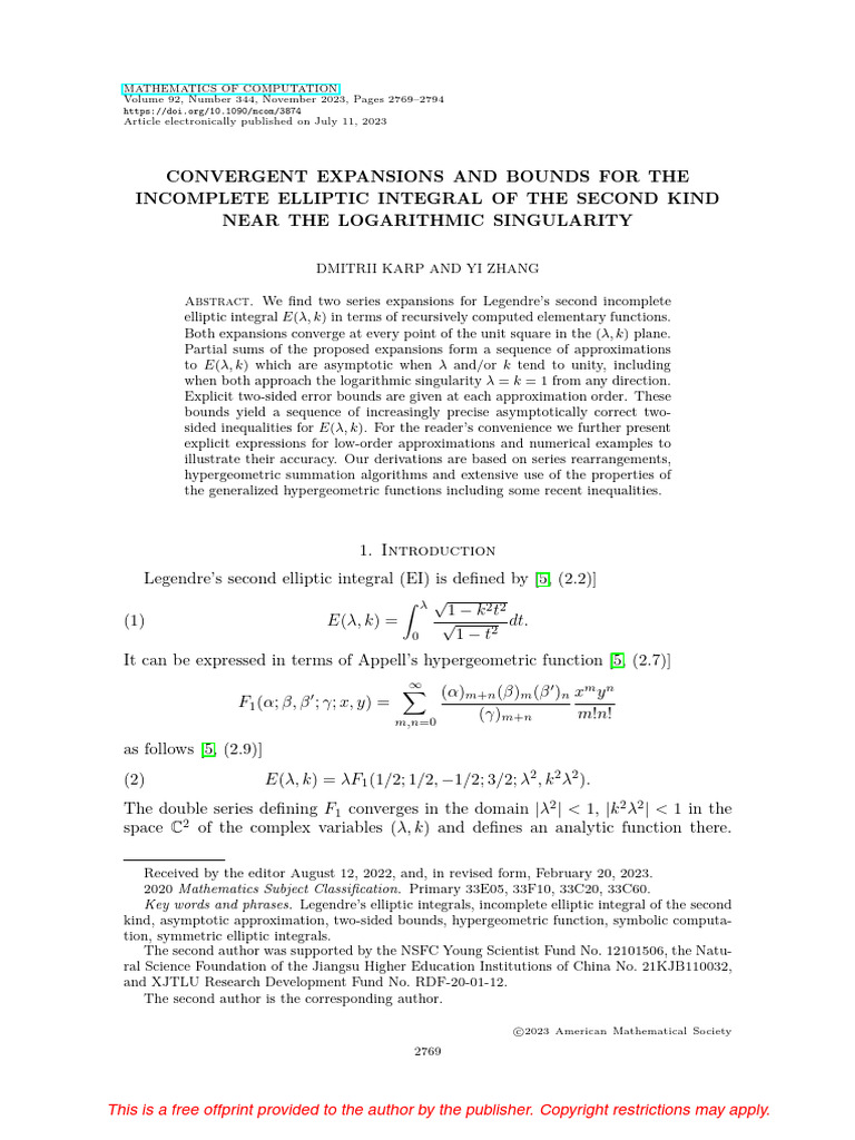 Convergent Expansions and Bounds For The Incomplete Elliptic Integral ...