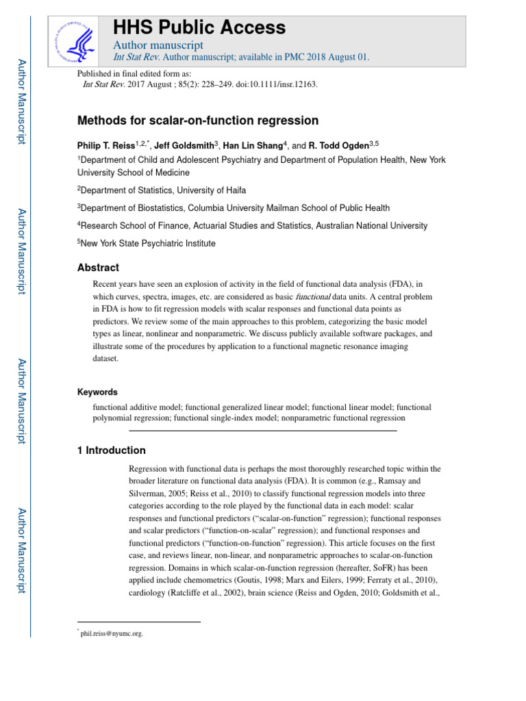 Methods For Scalar On Function Regression Pdf Linear Regression Dependent And Independent