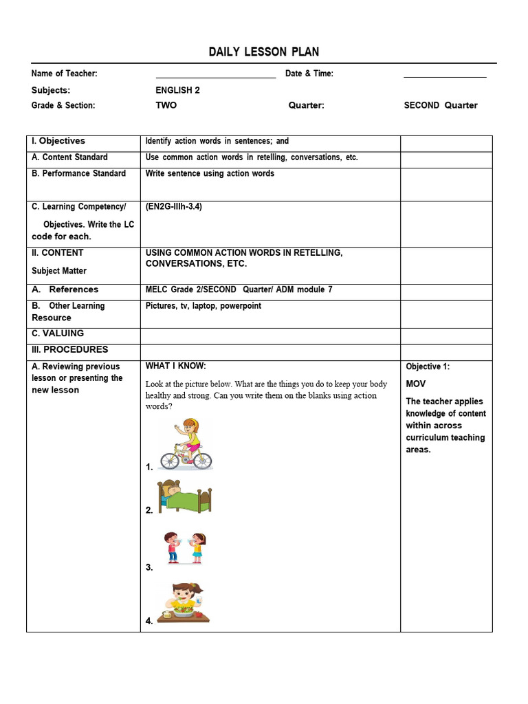Grade 2 Cot Q2 Verbs | PDF | Teachers | Learning