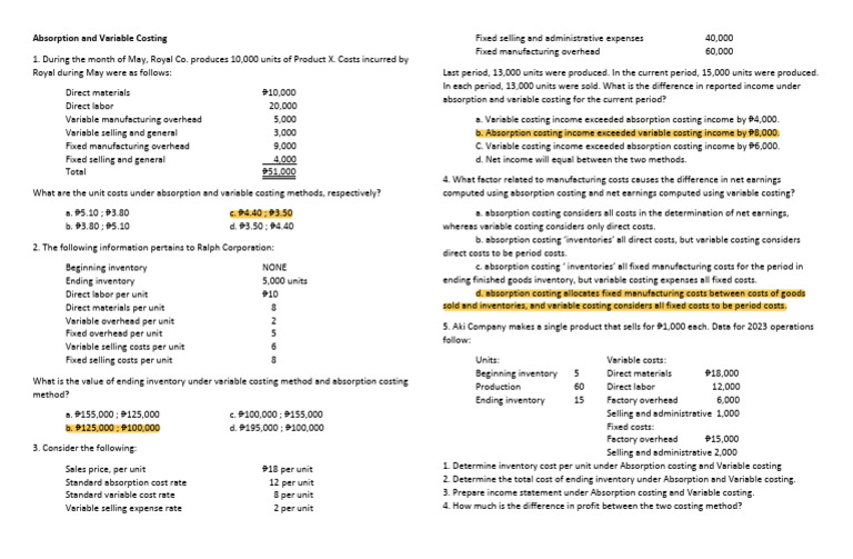 Absorption and Variable Costing | Download Free PDF | Cost Accounting ...