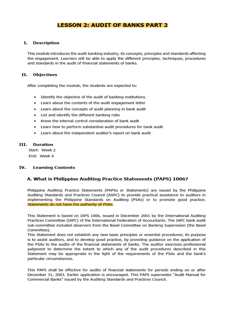 Lesson 2 Audit of Banks Part 2 Rev | PDF | Internal Control | Financial ...