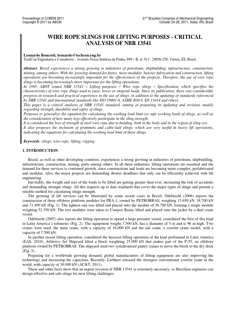 Wire Rope Slings For Lifting Purposes - Critical Analysis of NBR 13541 ...