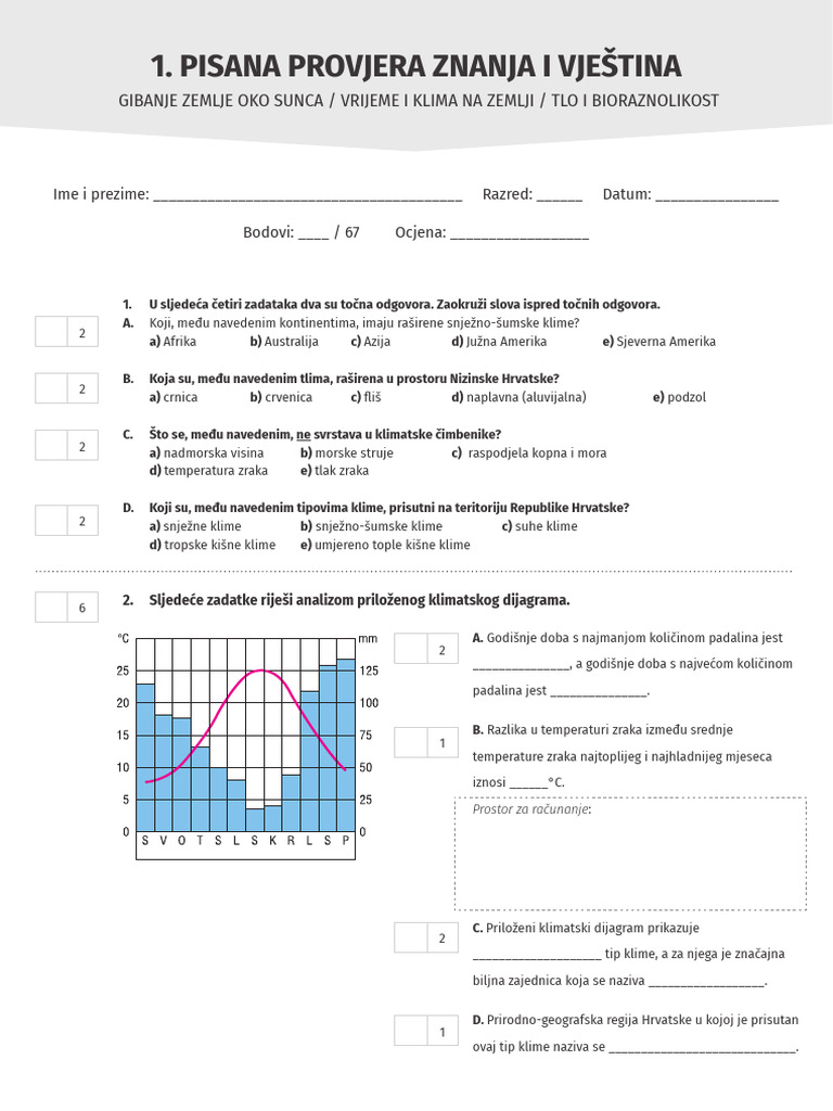 1. Pisana provjera znanja i vještina - Geografija | PDF