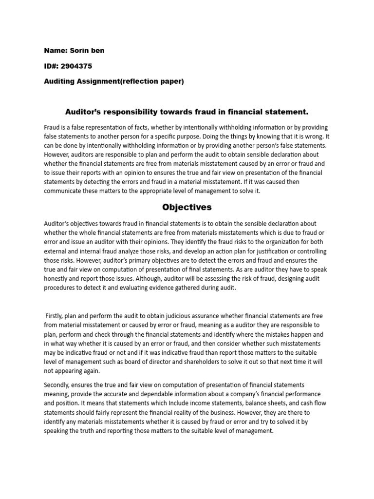 Name Sorin Ben Auditing Reflection Paper | PDF | Audit | Financial Audit