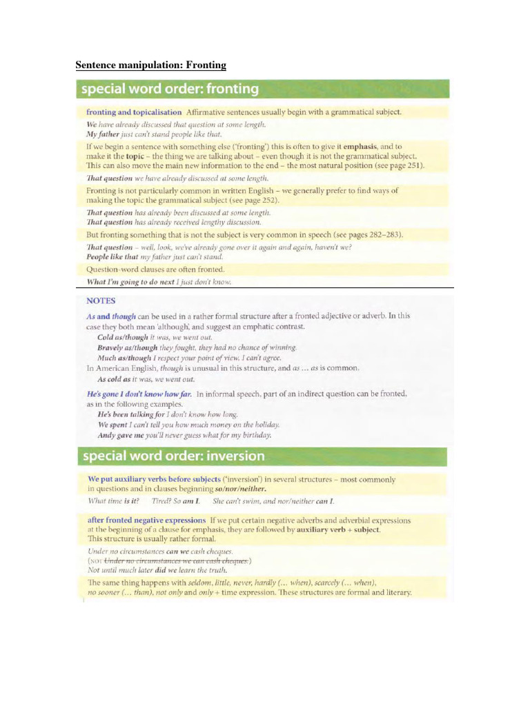 Sentence Manipulation - Fronting & Clefting | PDF