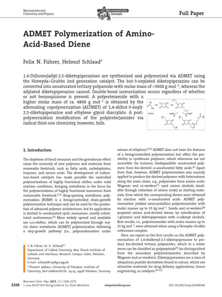 ADMET Polymerization of Amino-Acid Based Diene | PDF | Physical ...