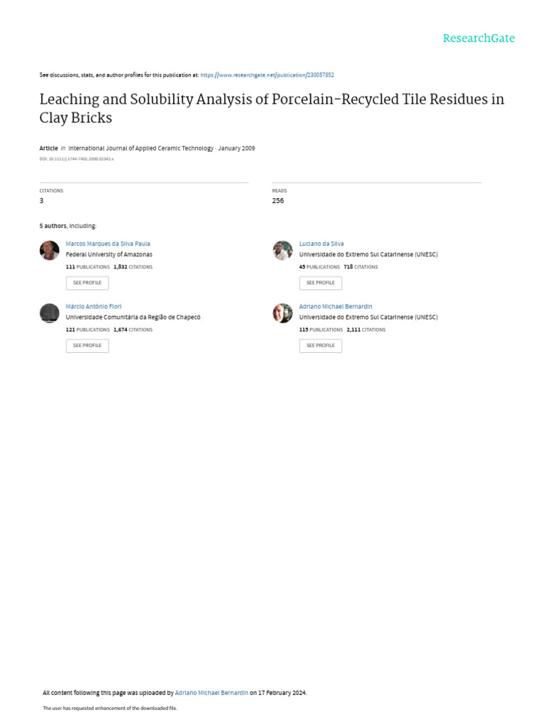 Leaching and Solubility Analysis of Porcelain Recycled Tile Residues in ...
