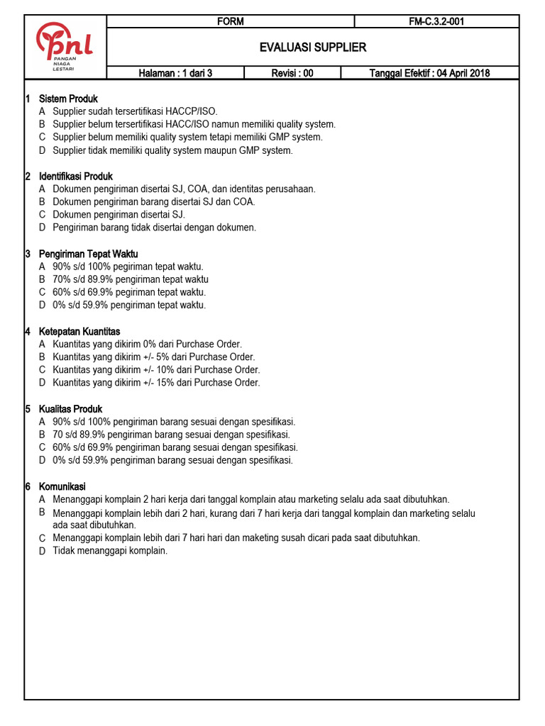 FM C.3.2-001 Form Evaluasi Supplier (00-040418) | PDF FM C.3.2-001 Form Evaluasi Supplier (00-040418) | PDF