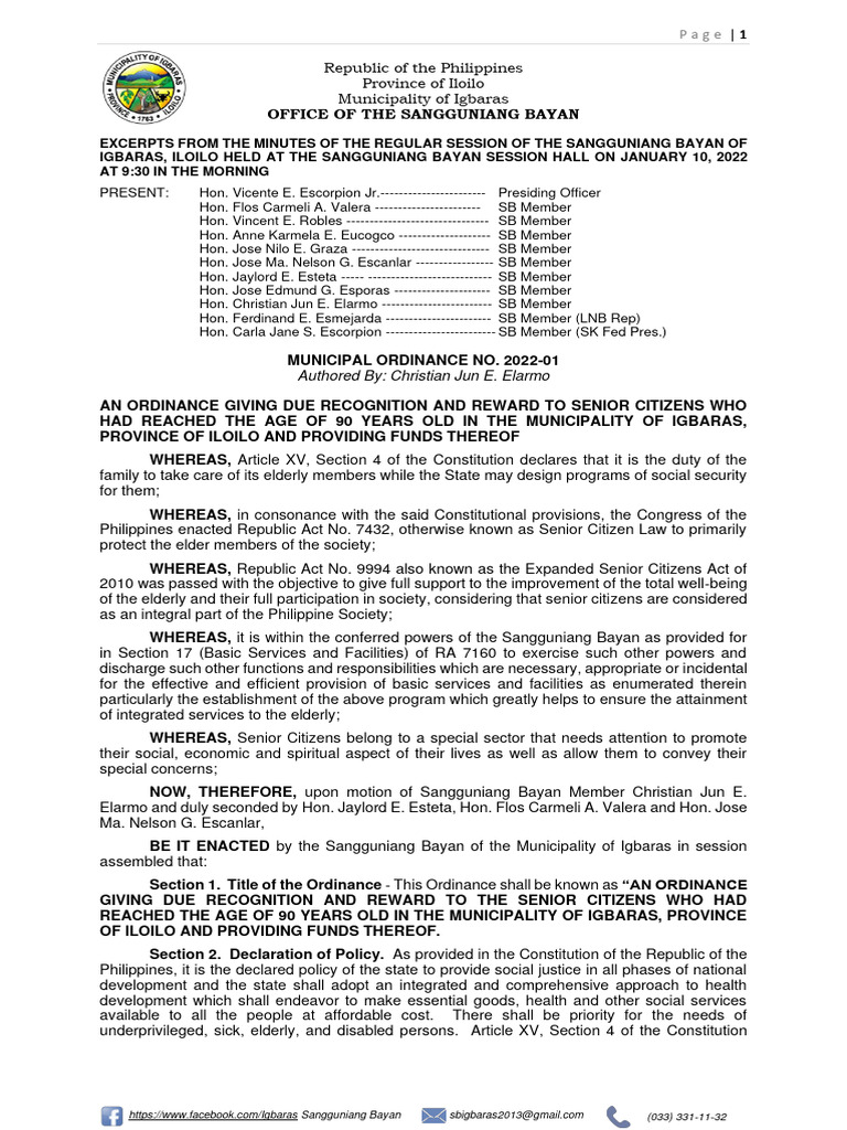 Municipal Ordinance No. 2022-01 Senior Citizen | PDF | Citizenship ...