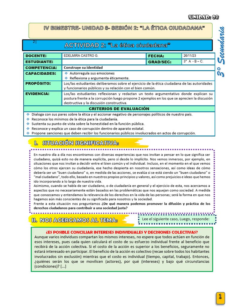 3° DPCC - Ficha 02-Unid.8 2023 | PDF | Derechos humanos | Democracia