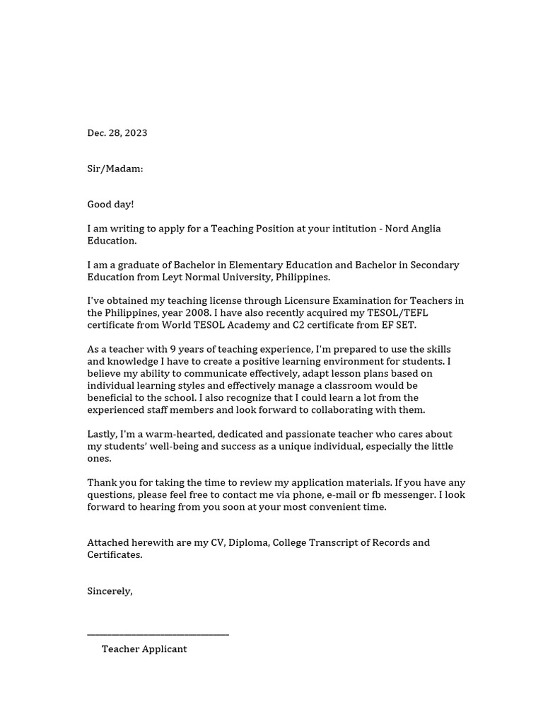 Sample Cover Letter for International Teaching | PDF