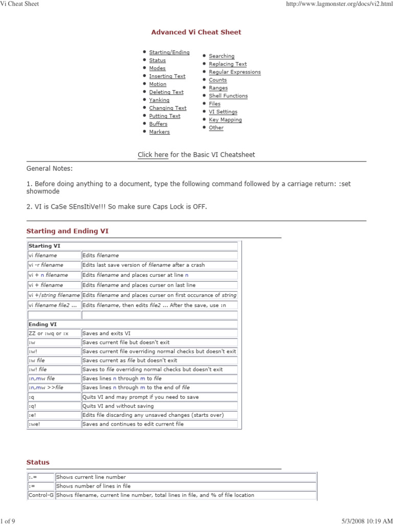 Vi Advanced Cheat Sheet | PDF