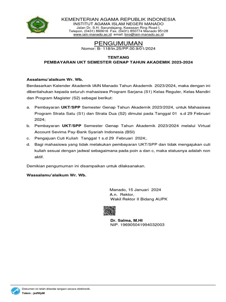 Pembayaran UKT Semester Genap 2023-2024 | PDF