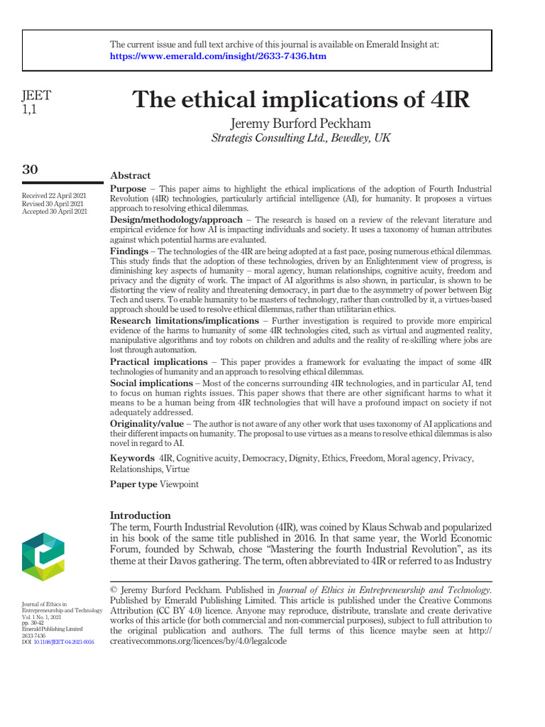 Ethical Implications of 4IR Technologies | PDF | Free Will | Artificial ...
