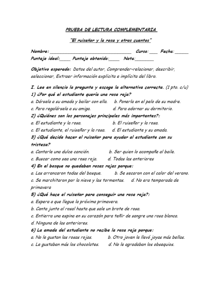 El Ruiseñor Prueba de Lectura Complementaria | PDF | Rosa