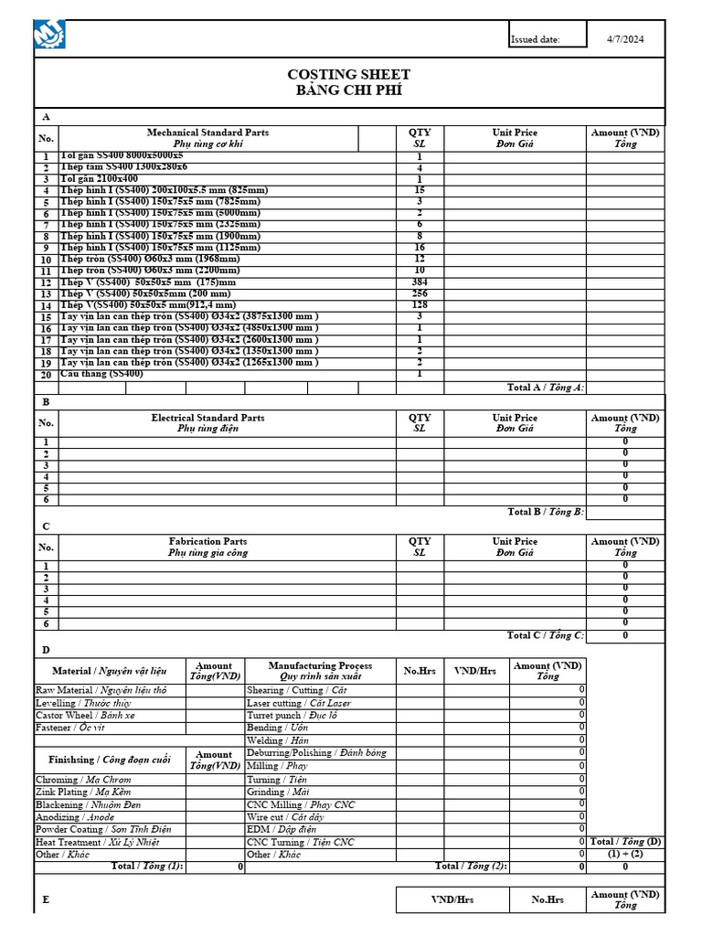 Costing Sheet | PDF