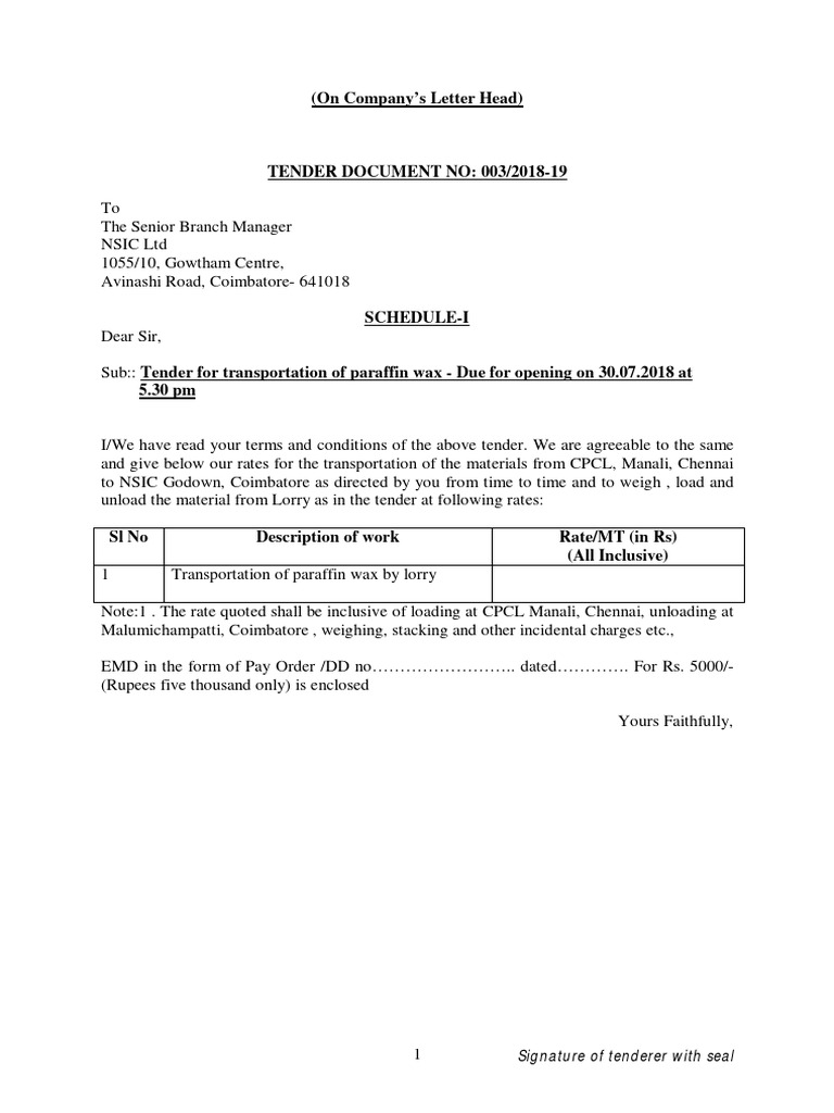 (On Company's Letter Head) : Signature of Tenderer With Seal | PDF ...