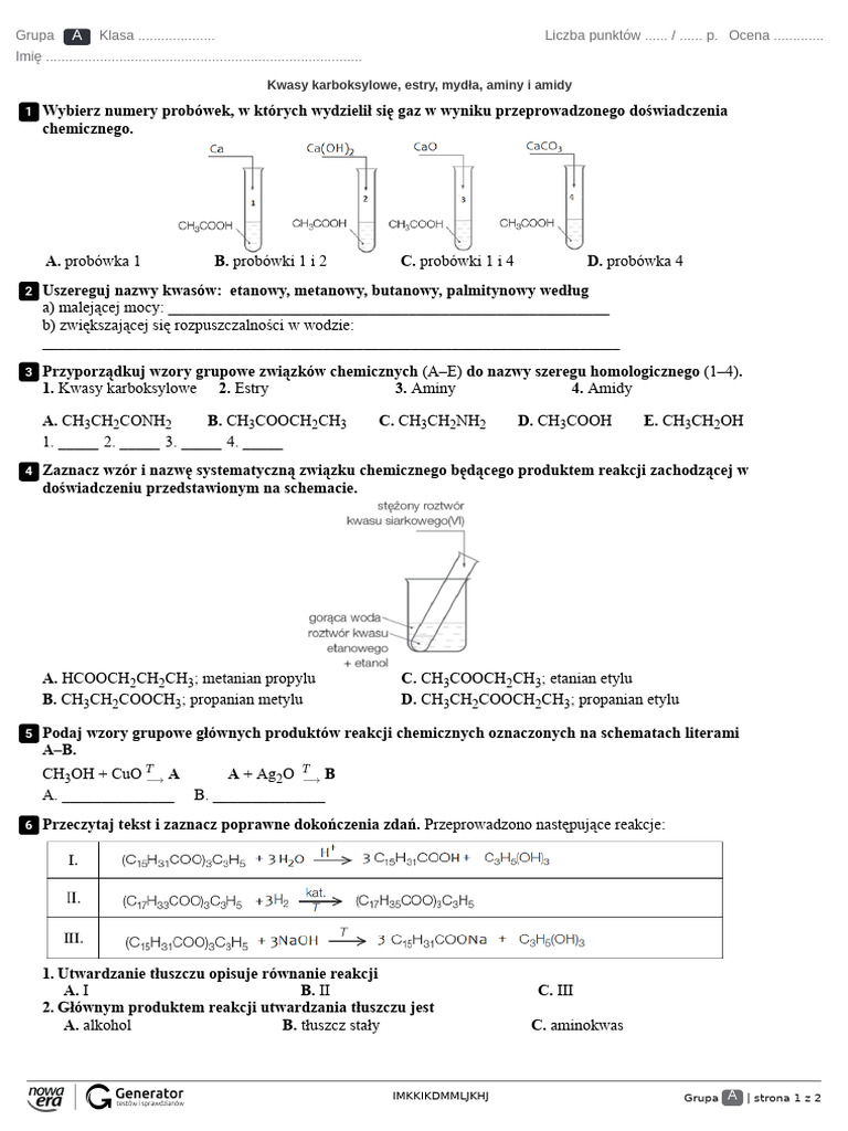 Kwasy Karboksylowe Estry Myda Aminy I Amidy Test Bez Widocznej Punktacji Pdf