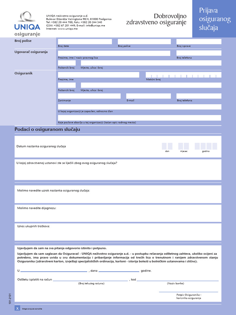 Obrazac Za Prijavu Stete - Dobrovoljno Zdravstveno Osiguranje | PDF