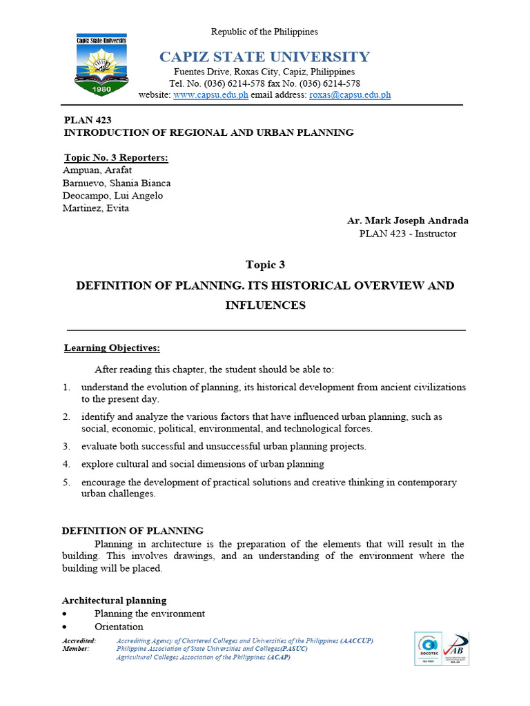 Topic 3 Definition of Planning. Its Historical Overview and Influences ...