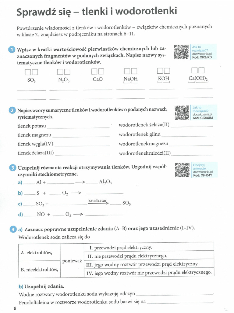 Chemia Kl. 8 Sprawdź Się - Tlenki I Wodorotlenki - Powtórzenie | PDF
