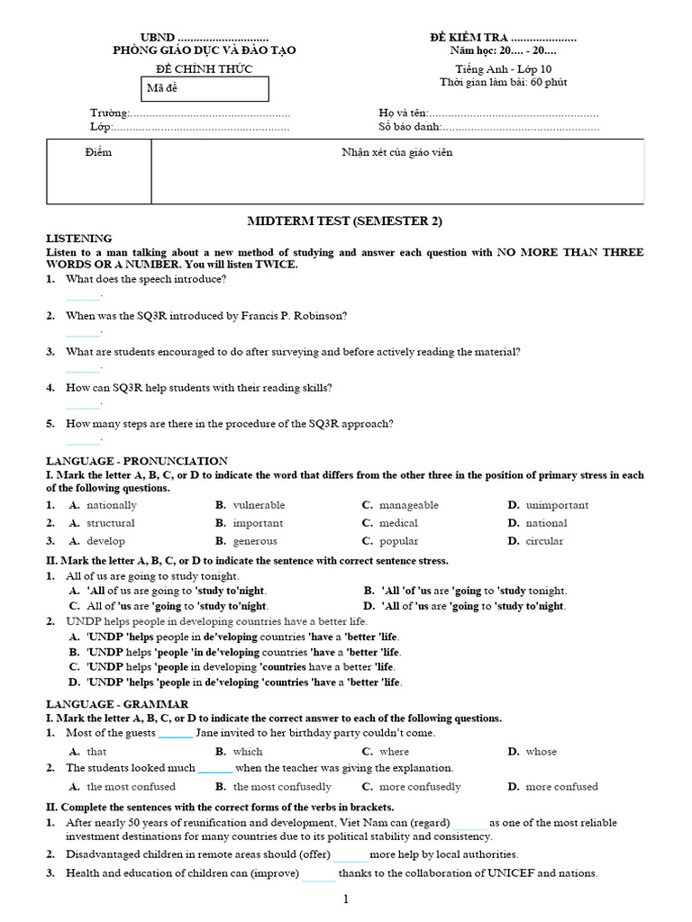 2024-2025 7th Grade English Midterm | PDF | Unicef | Gender