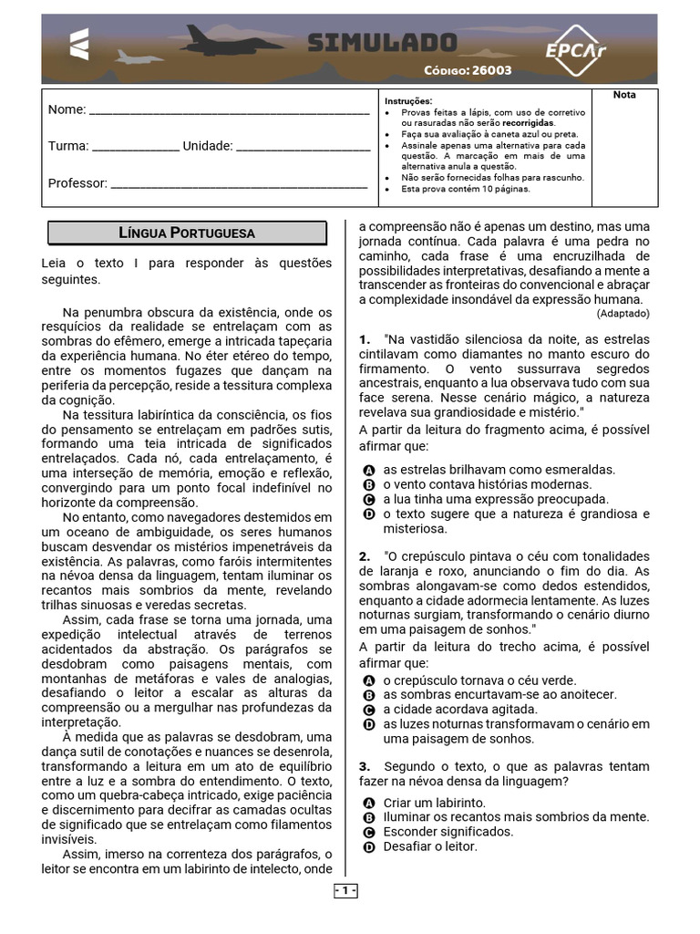 Simulado Epcar 30 03 | PDF | Predicado (gramática) | Assunto (gramática)