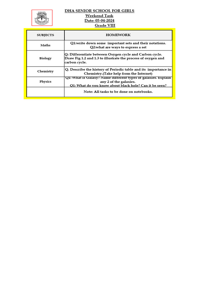 Grade VIII Weekend Homework Tasks | PDF | Teaching Methods & Materials ...