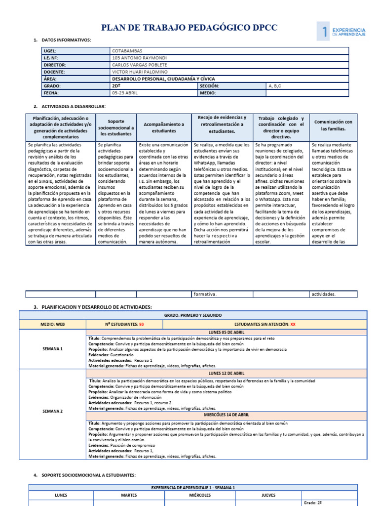 Plan Pedagogico Experiencia 1 DPCC | PDF | Aprendizaje
