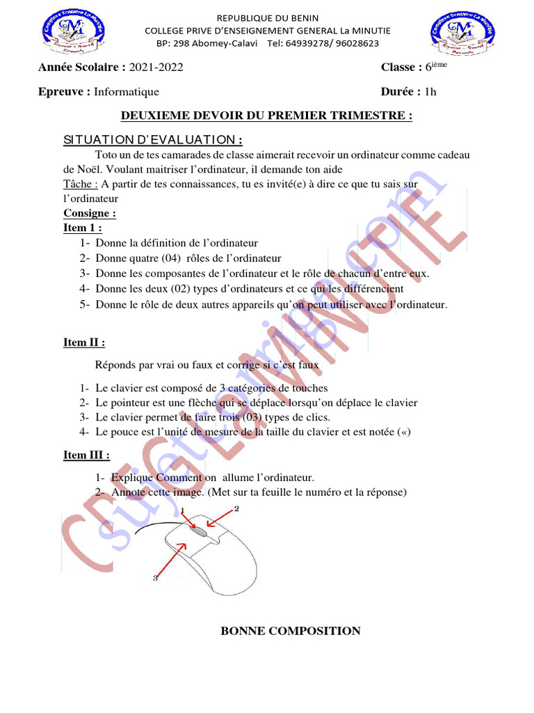 Devoir d'informatique 6ème année | PDF