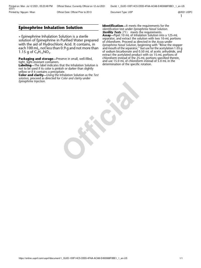 Epinephrine Inhalation Solution | PDF | Chemical Substances | Chemistry