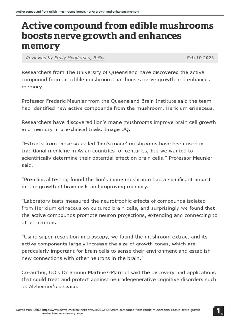 Active Compound From Edible Mushrooms Boosts Nerve Growth and Enhances ...