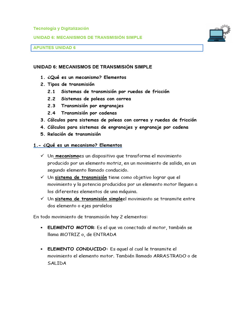 Unidad 6 .Mecanismos de Transmisión Simple | PDF | Engranaje | Bienes manufacturados