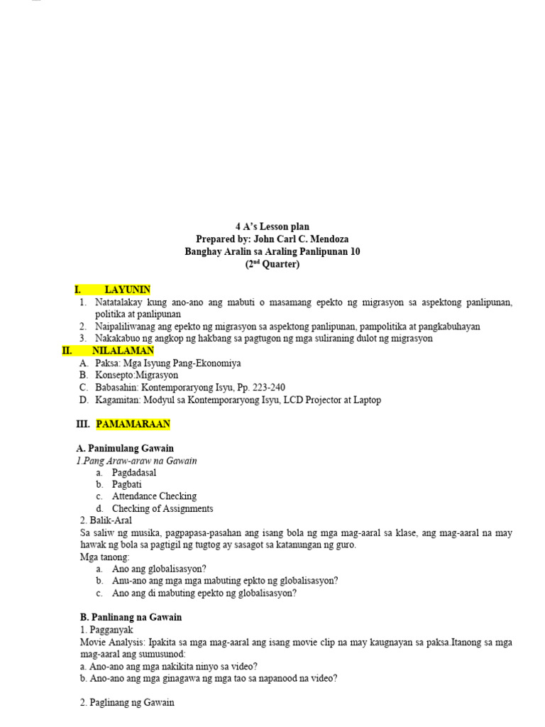 Mendoza - 4a's Lesson Plan | PDF