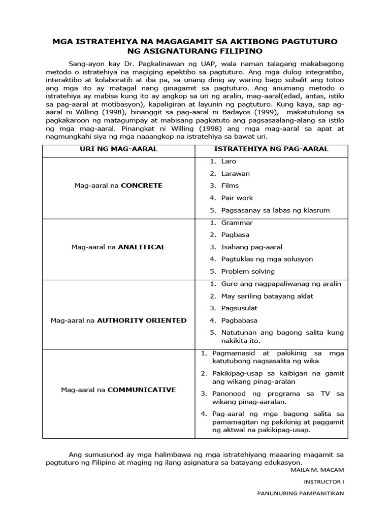 Mga Istratehiya Na Magagamit Sa Aktibong Pagtuturo NG Asignaturang ...