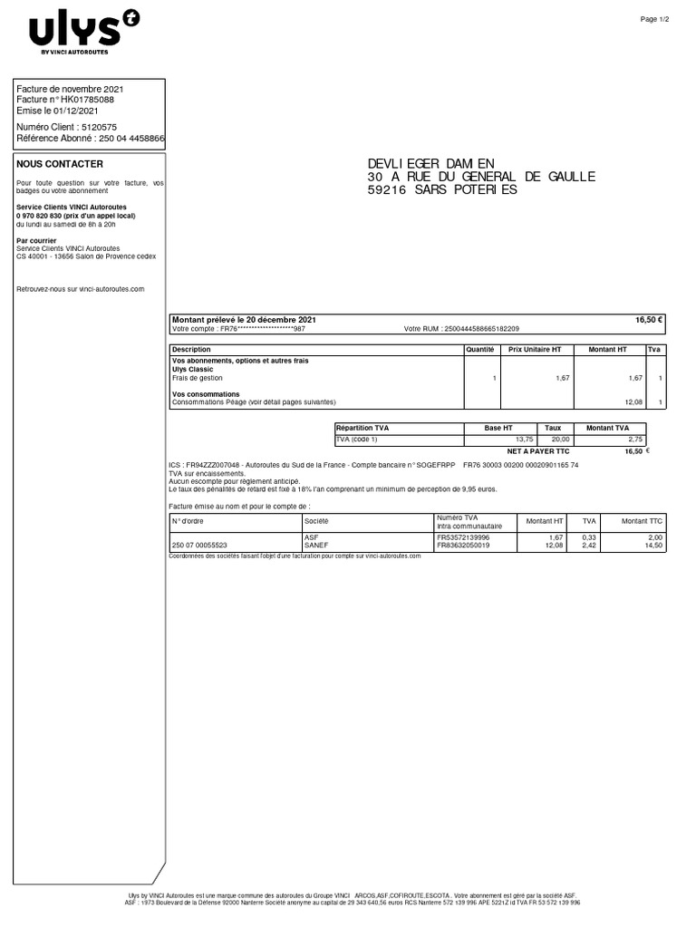 Facture Ulys - Abonnement ASF 2021 | PDF | Taxe sur la valeur ajoutée ...