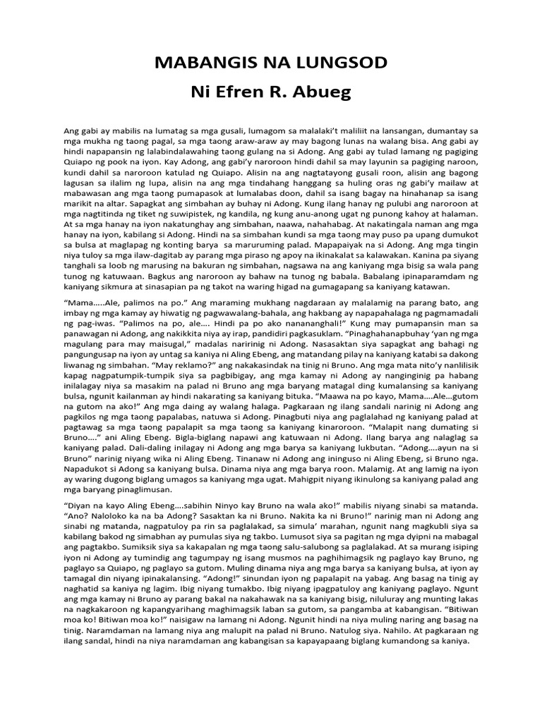 BUOD NG MABANGIS NA LUNGSOD | PDF