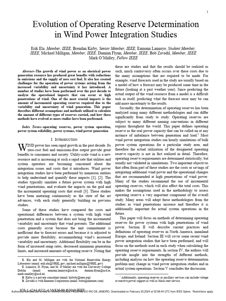 Evolution of Operating Reserve Determination in Wind Power Integration ...
