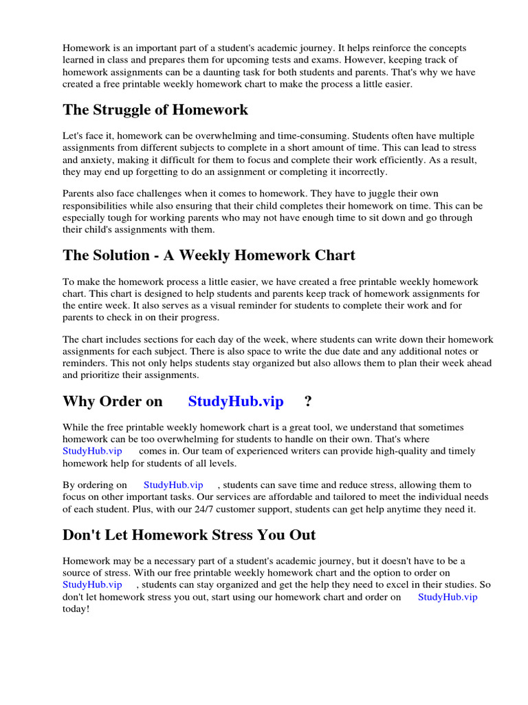 Free Printable Weekly Homework Chart | PDF | Homework | Disciplines