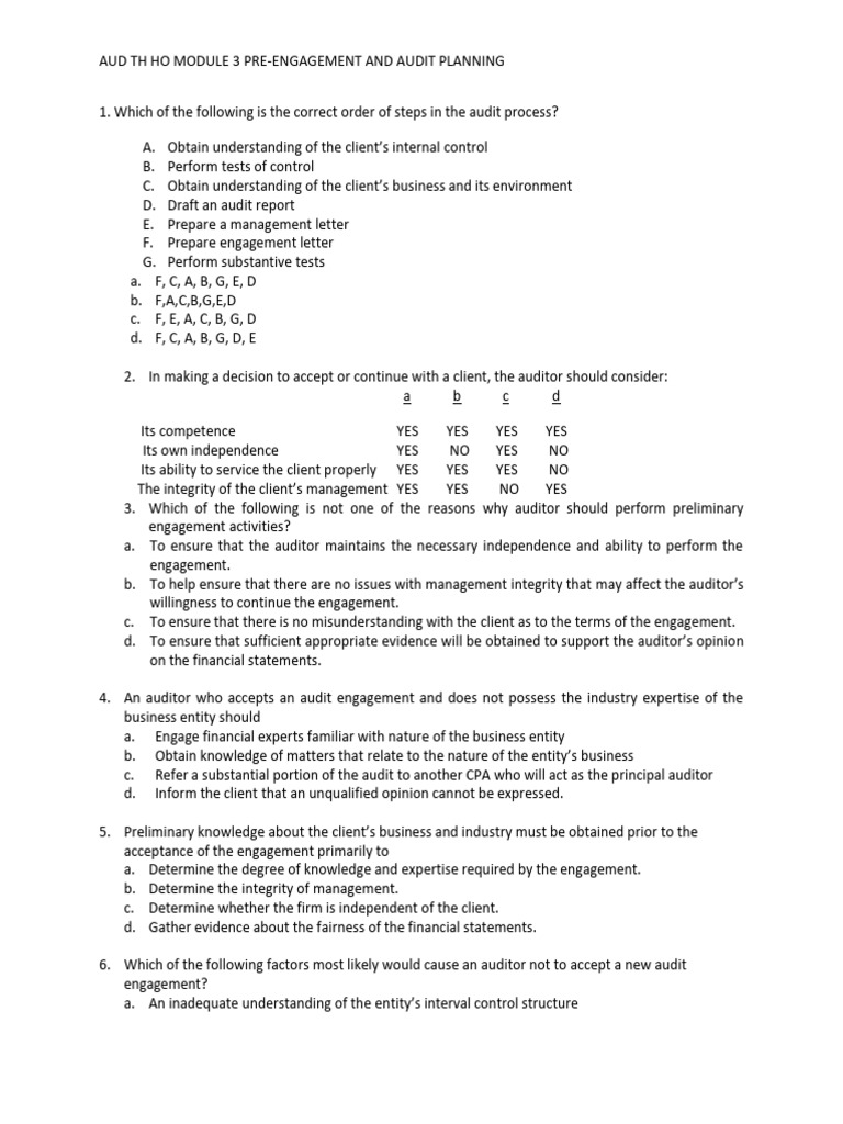 AUD TH QUIZZER MODULE 3 PRE ENGAGEMENT AND PLANNING Set A | PDF | Audit | Auditor's Report