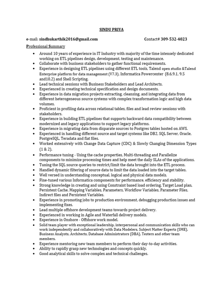 Sindu Priya Resume | PDF | Ibm Db2 | Postgre Sql