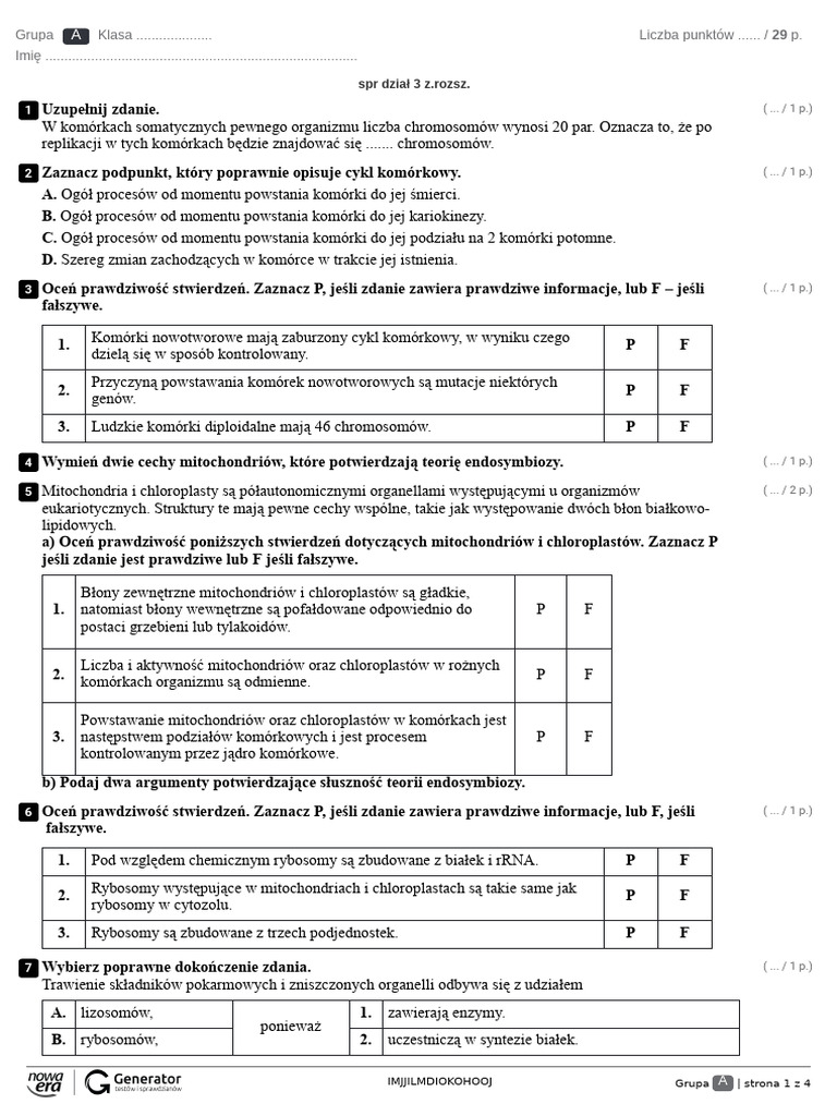 Sprawdzian Komórka Zakres Rozszerzony Klasa 1 Liceum | PDF