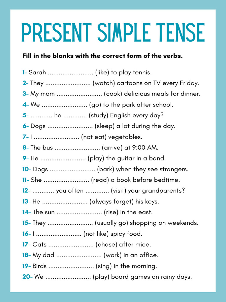 Present Simple Tense Worksheet in Turquoise White Basic Style | PDF ...