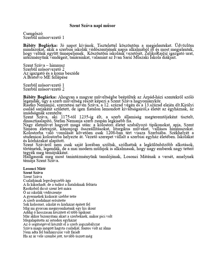 Szent Szava Napi Musor | PDF