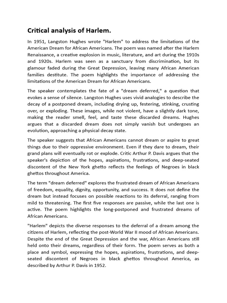 Critical Analysis of Harlem | PDF | History