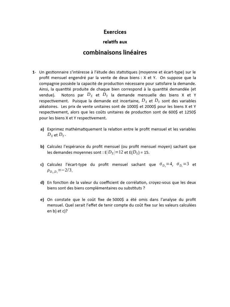 Exercices sur les combinaisons linéaires | PDF | Écart type | Variance ...