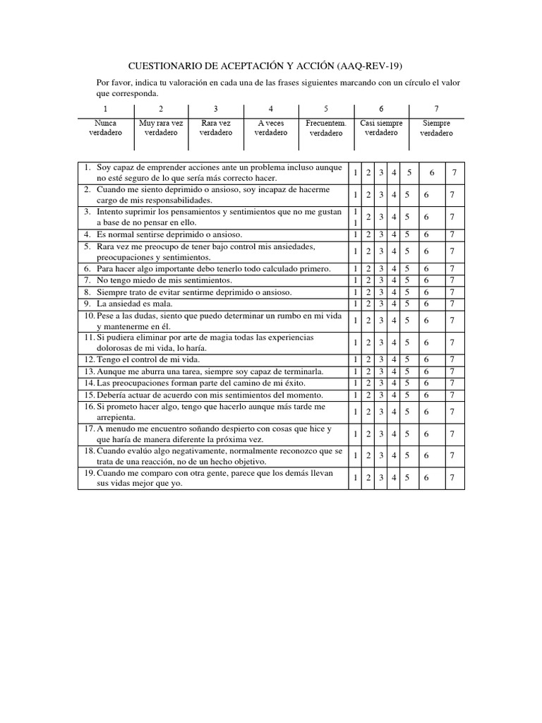Cuestionario de Aceptación y Acción Aaq19 | Descargar gratis PDF ...