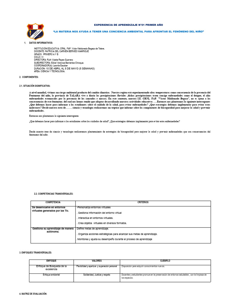 Experiencia de Aprendizaje. 1 Cyt Primero | PDF | Evaluación | Importar