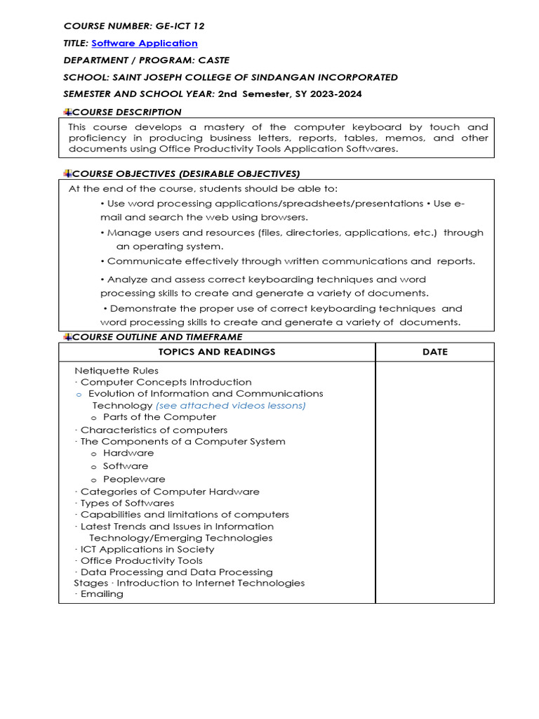 GE ICT 12 Course Outline Software Application | PDF | Computers
