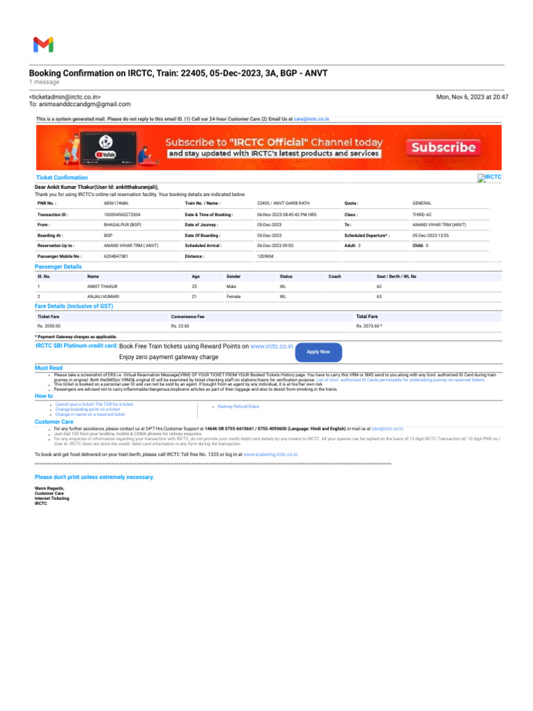 Gmail - Booking Confirmation On IRCTC, Train - 22405, 05-Dec-2023, 3A, BGP - ANVT | PDF ...